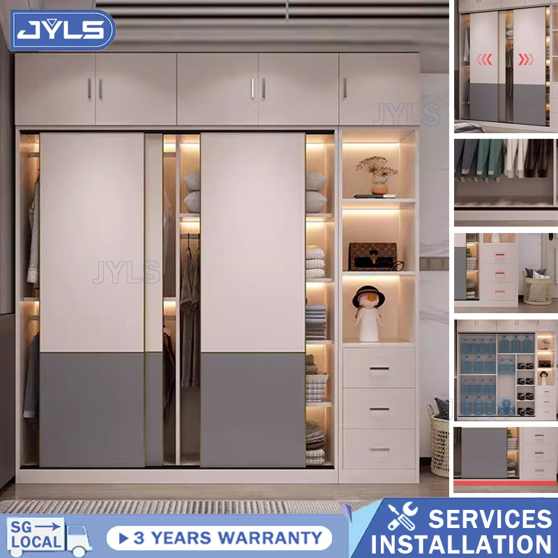 JYLS Wardrobe Cabinet Solid Wood Sliding Door Wardrobe Simple Modern ...