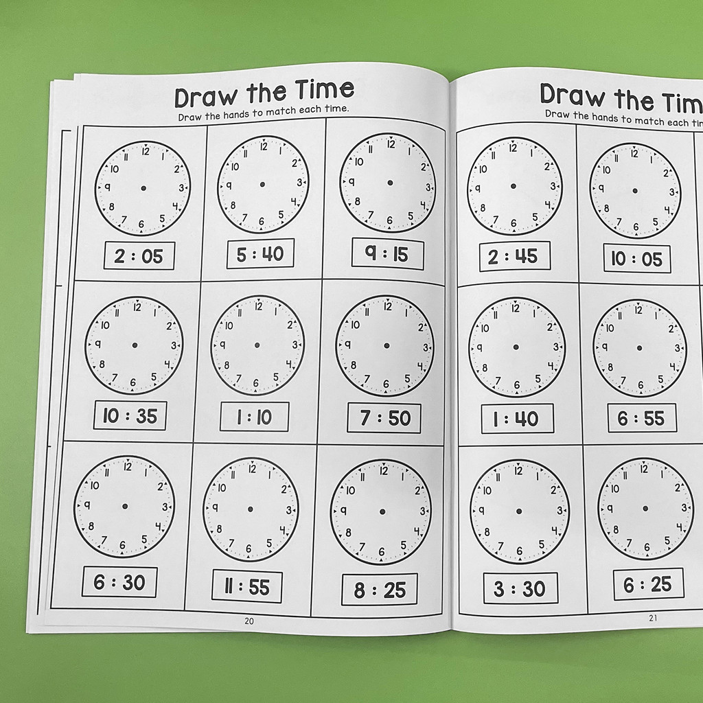 32 Pages Telling Time Maths Workbook for Kids Write & Draw Minute Hand ...