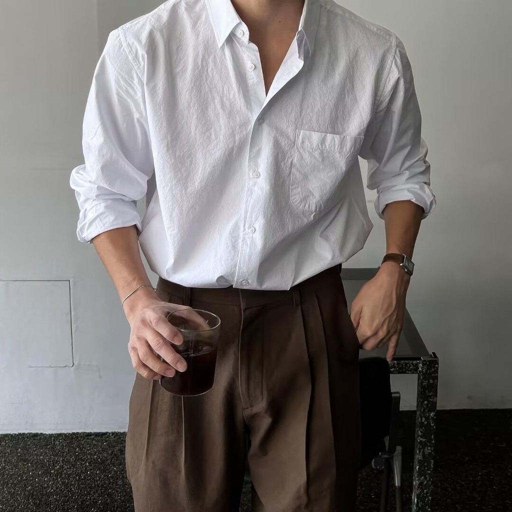 Summer Thin Cotton Linen Shirt Men's Long-Sleeved Loose Dark Blue ...