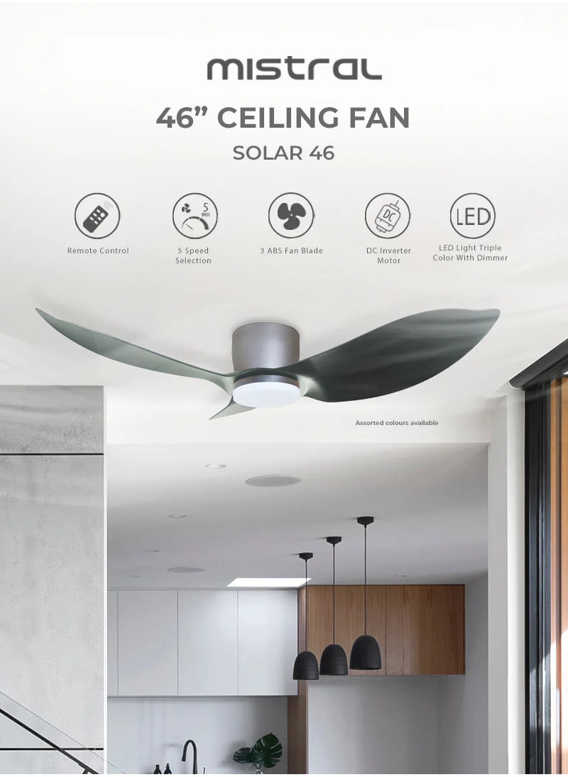 *Installation Available* Mistral Solar 46 Inch Ceiling Fan Hugger Series // 24w Tri-Tone Lamp ...