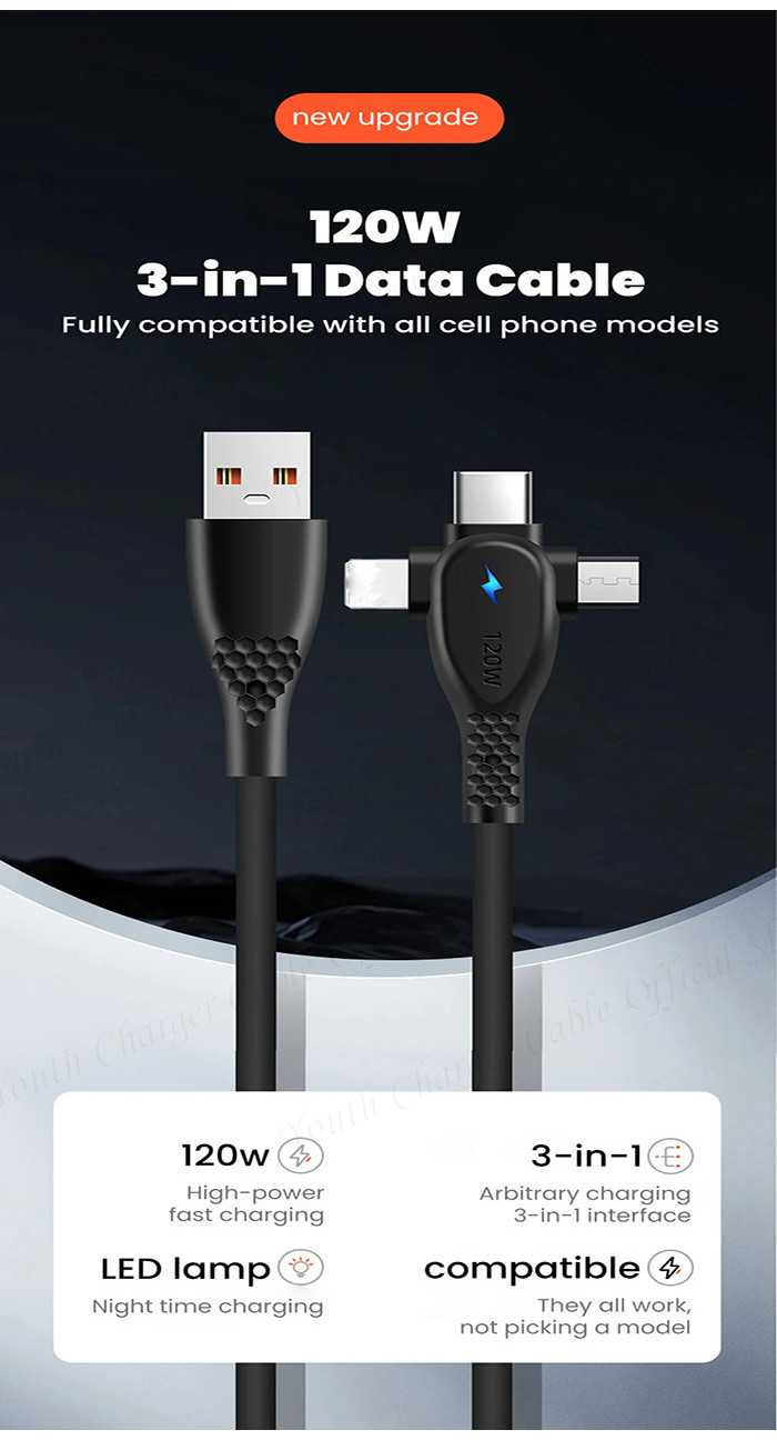 3-in-1 L shape elbow charging cable with direcotr light 120W super fast ...