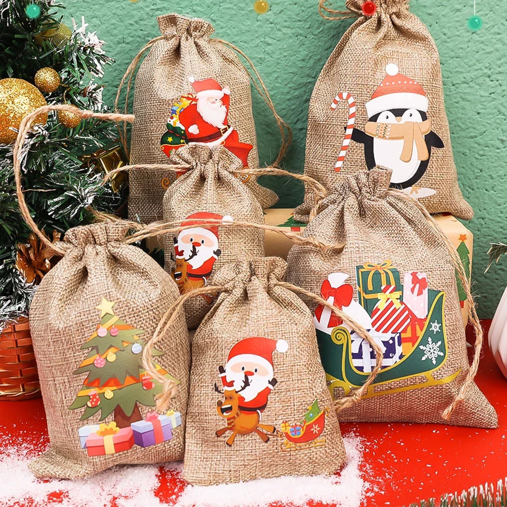 10PCS Christmas Linen Drawstring Bags - Xmas Candy Snack Packaging Bags ...