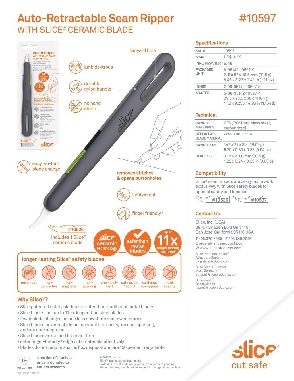 Slice 10596 10597 Seam Ripper Manual and Auto Retractable Ceramic Blade ...