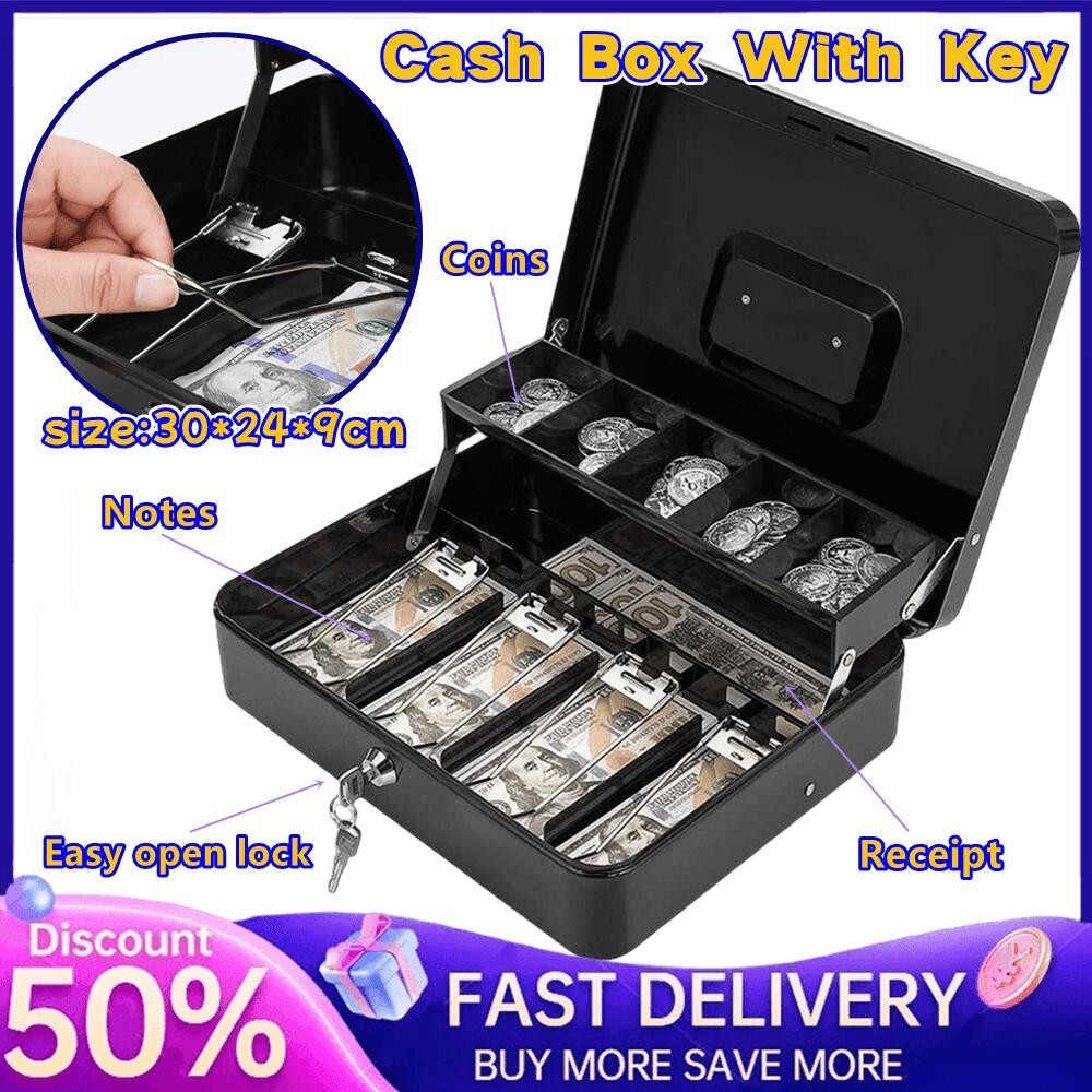 Cash Box with Lock Key and Money Tray Large Money Box 5 Compartments 4 ...