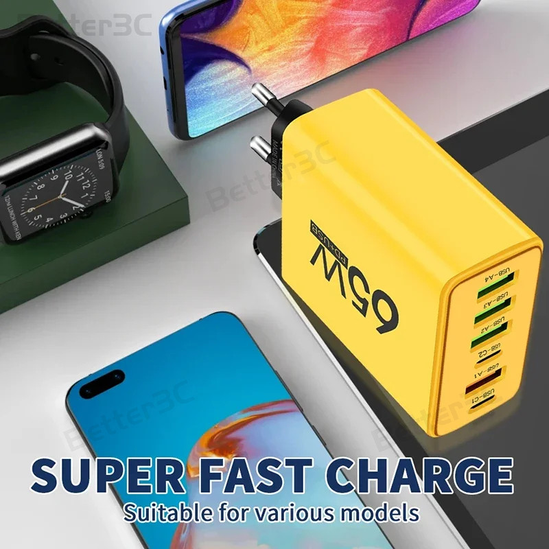 65W Fast Charging Travel Conversion charger USB C 6 Ports For EU/US/UK ...