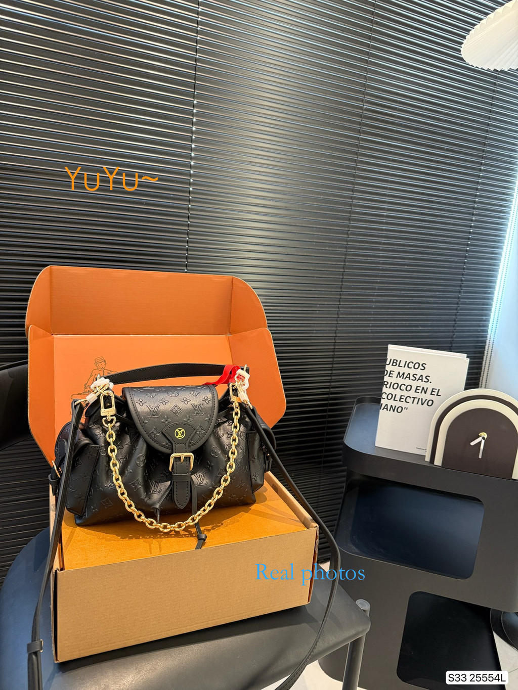 ** YuYu Ready Stock * Size 24 * 17cm with Folding Box Airplane Box Black Leather Embossed ...