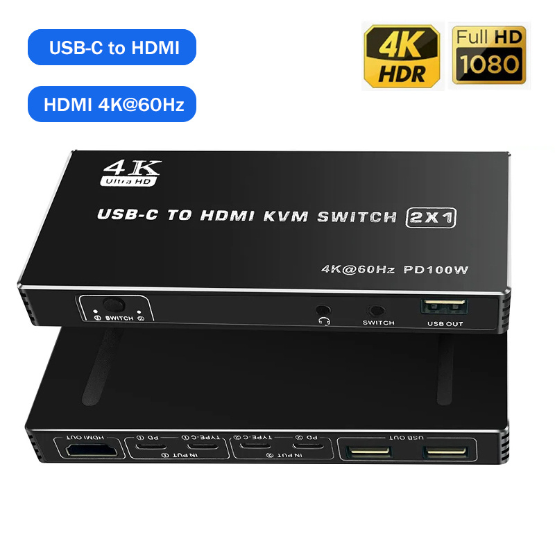 USB C KVM Switch 2 in 1 out 4K Type-C in HDMI out KVM Switch 2x1 with ...
