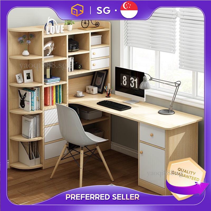 Corner Study Desk With Bookshelf Integrated Computer Desk Bookcase ...
