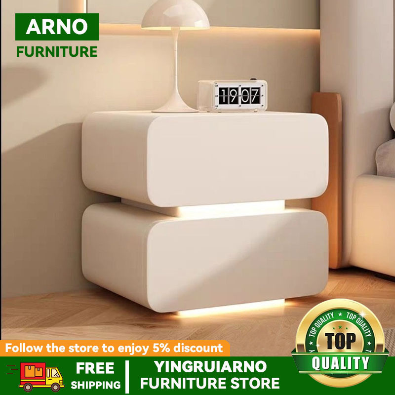 Creamy Bedside Table Modern Simple Solid Wood Bedside Table with LED ...