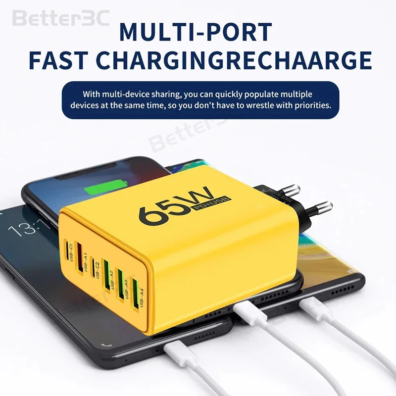 65W Fast Charging Travel Conversion charger USB C 6 Ports For EU/US/UK ...