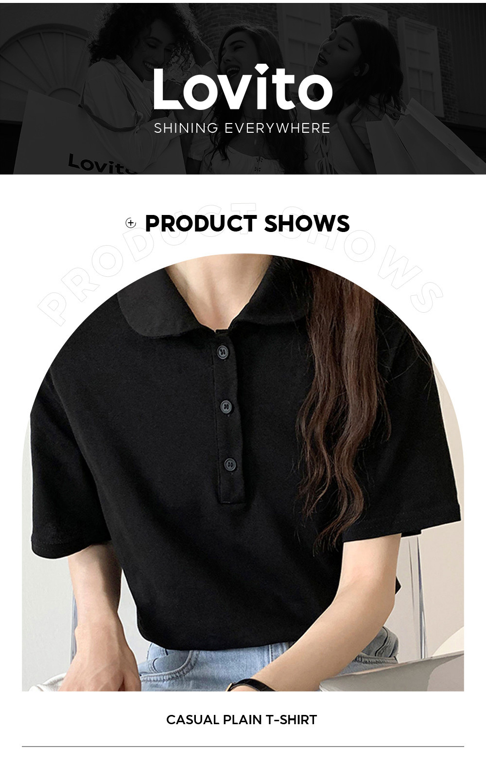 Lovito Casual Plain Button Front T-Shirt for Women LNE17020 (Black ...