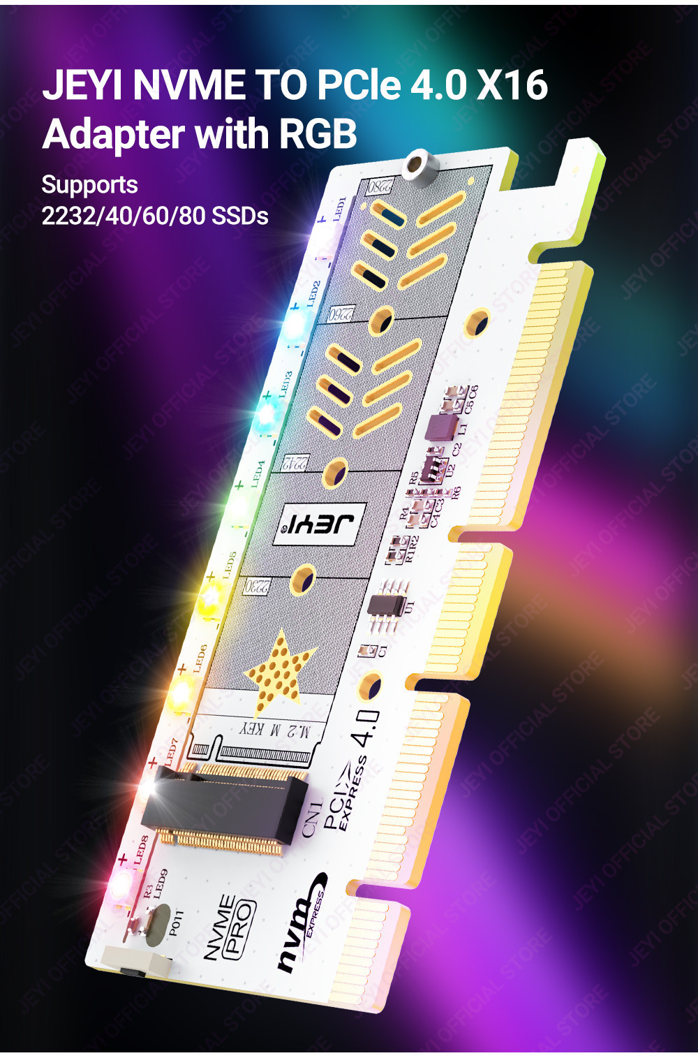 JEYI RGB PCIe 4.0 NVMe Adapter,NVMe to PCI-E M.2 SSD X16 X8 X4 Adapter Card,Supports 2280 Sizes ...