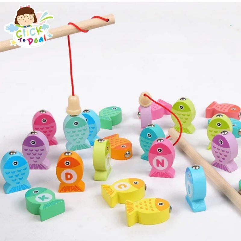 Magnetic Wooden Fishing Game Toy Kid Alphabet Numbers Fish Catching ...
