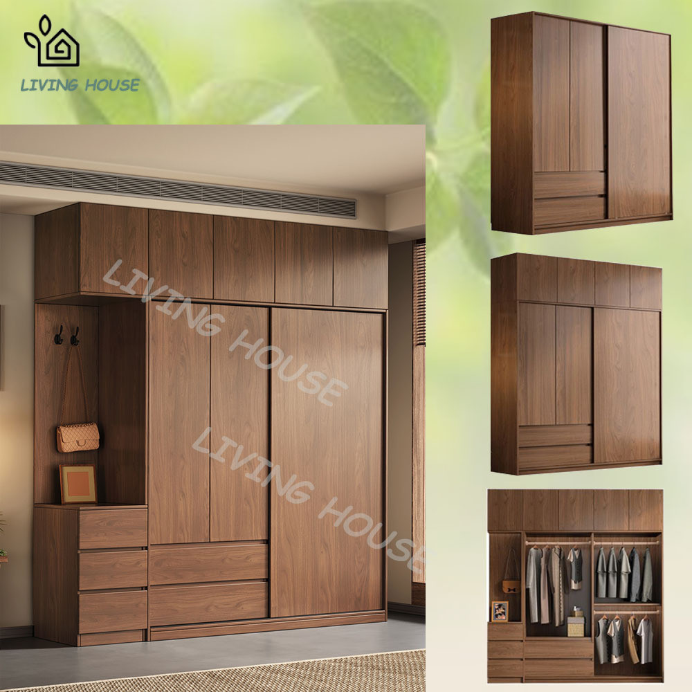 LiHu Solid Wood Wardrobe Walnut Colored Sliding Door Storage Cabinet ...