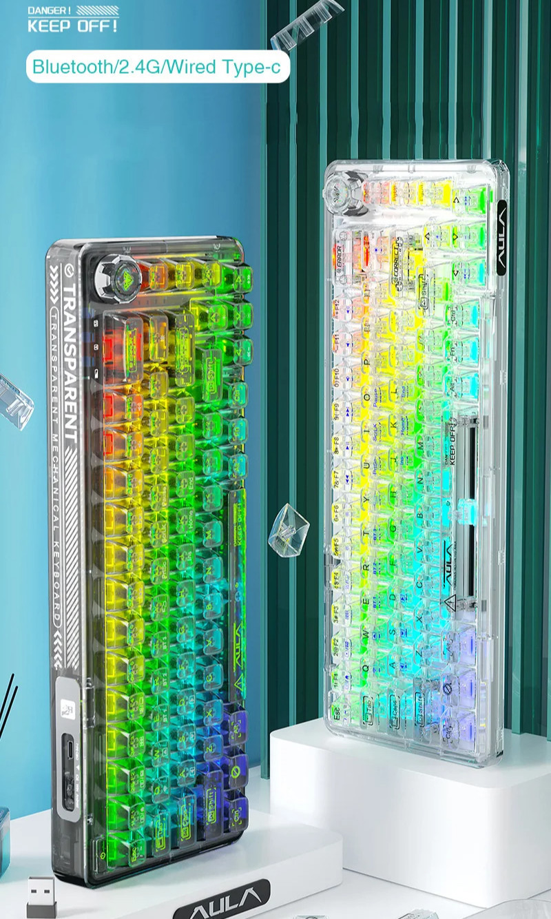 AULA F68 Mechanical Keyboard Wireless 3 Mode with Knob Transparent 68 ...