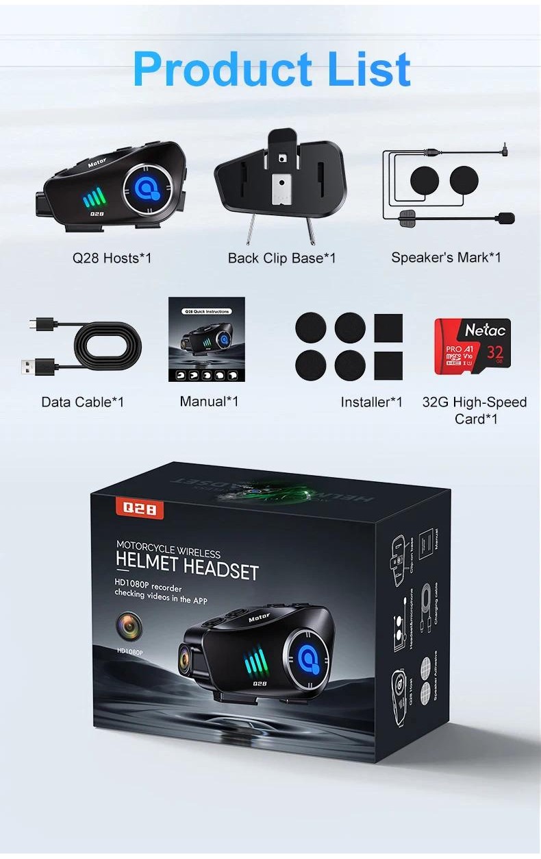 Q28 2 IN 1 Wireless Intercom Motorcycle Helmet Headset Bluetooth 5.3 ...