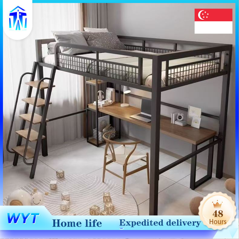 🇸🇬Loft Bed Art Elevated Sheet Space Saving Iron And Table Staggered ...