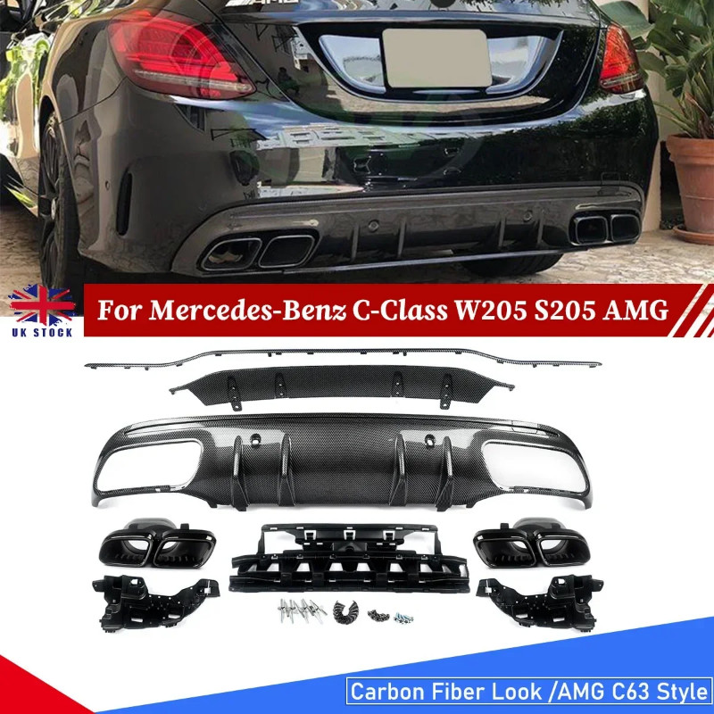 Rear Diffuser with Exhaust Tips for Mercedes W205 C63 AMG Carbon Fiber ...