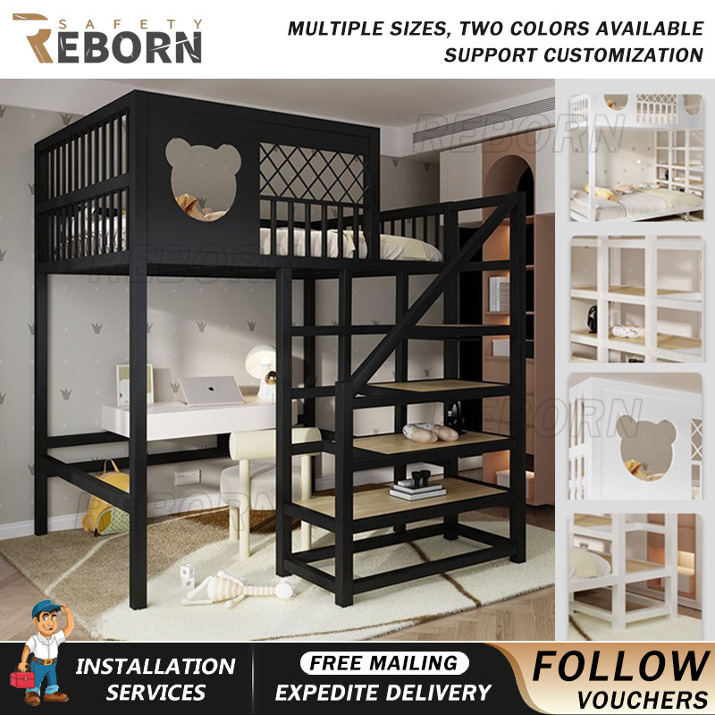 REB Loft Bed Frame Thicken Double Decker Bed Multifunctional Bedroom Space Saving Iron Frame Bed ...