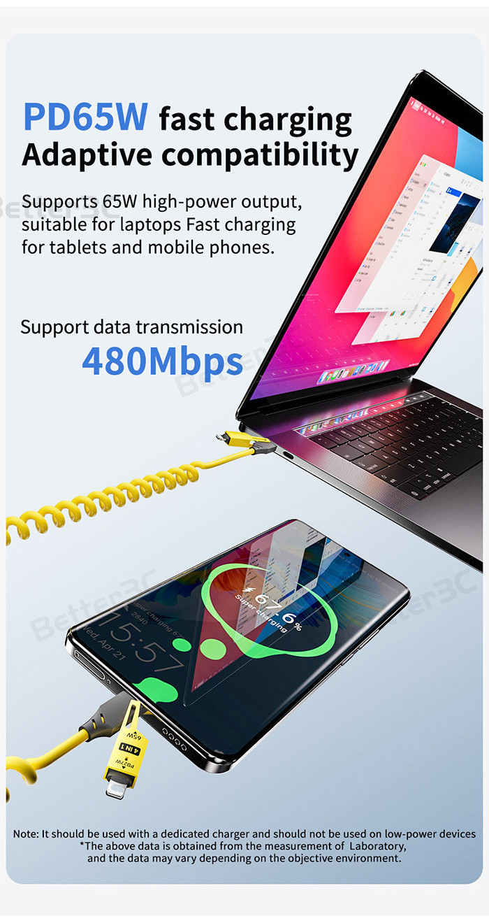 4 in 1 Zinc alloy shell spring telescopic usb cable 65W Fast Charging ...