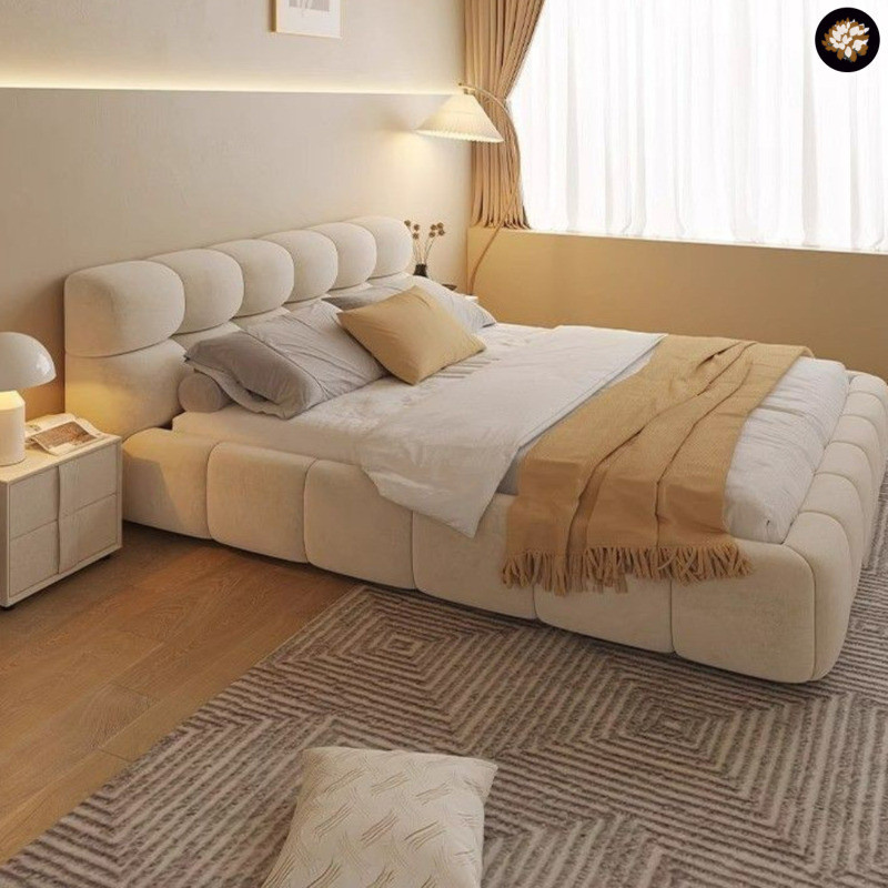 MAQ Bed Frame Creamy Style Puff Fabric And Solid Wood Storage With ...