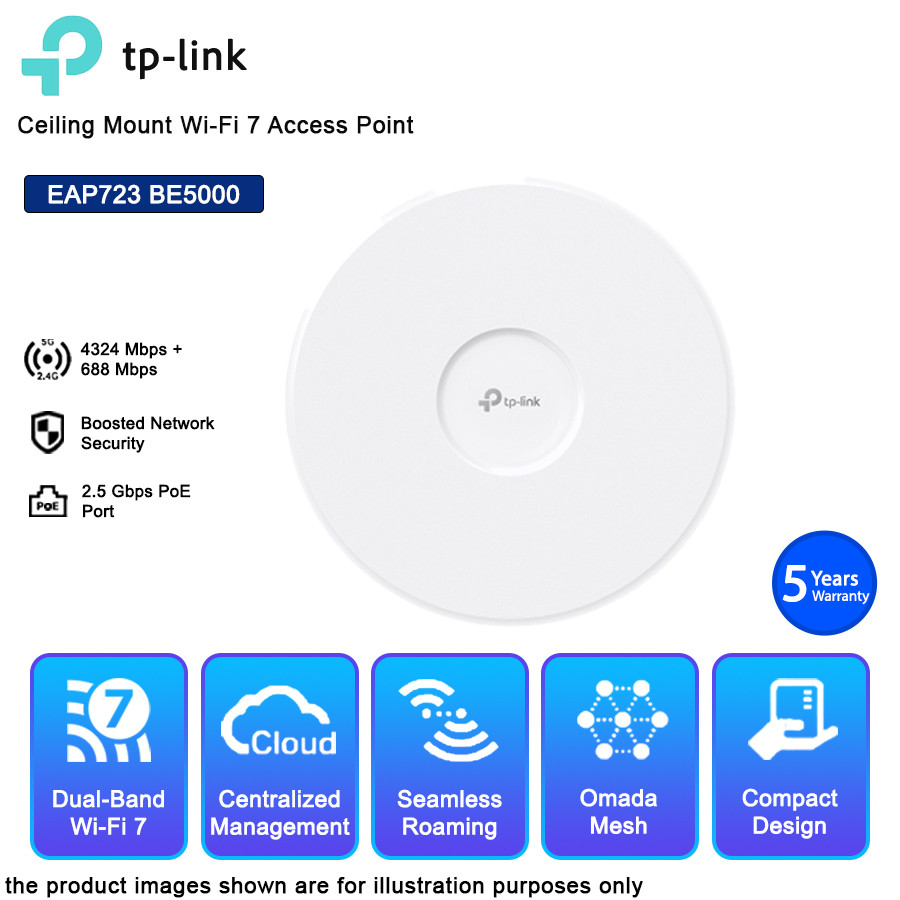 TP-Link EAP723 BE5000 Ceiling Mount Wi-Fi 7 Access Point with 240 MHz ...