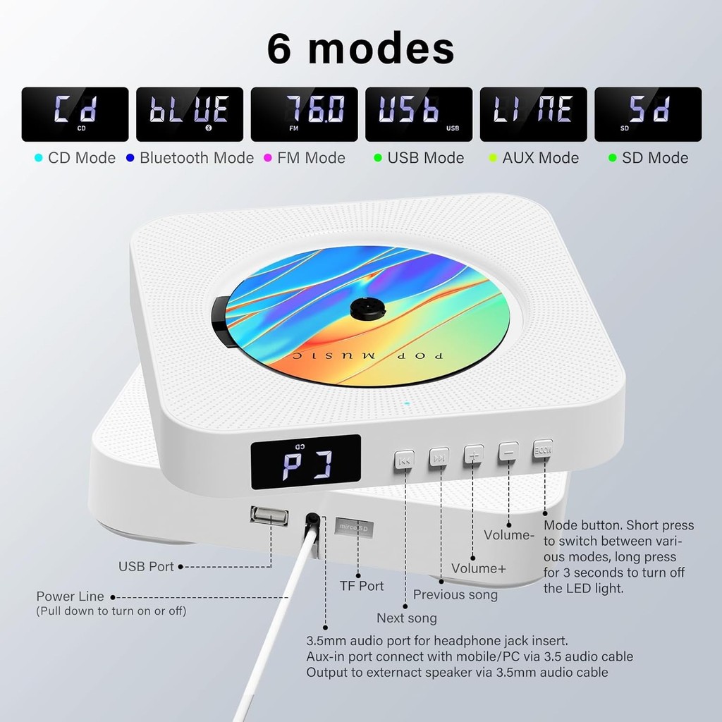 Portable CD Player with Bluetooth Desktop CD Player for home Built-in ...