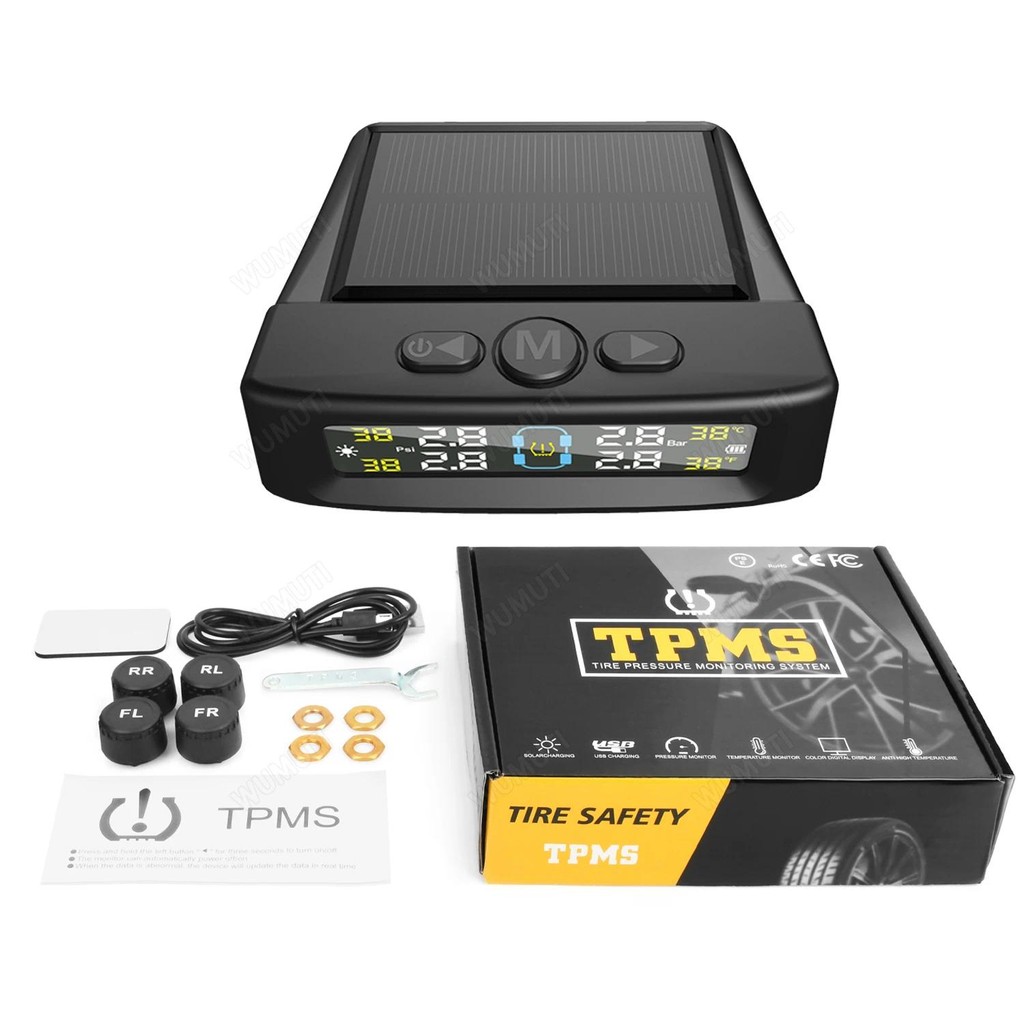Solar TPMS Car Tire Pressure Alarm Digital Colorful Display 4 External Sensors Waterproof Tire ...