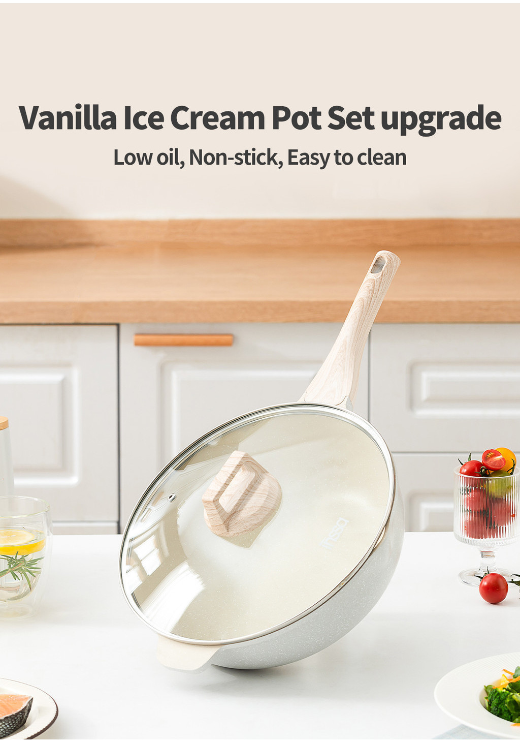 Inssa 28cm Wok Vanilla Gelato Series Cookware Non Stick Coating PFOA ...