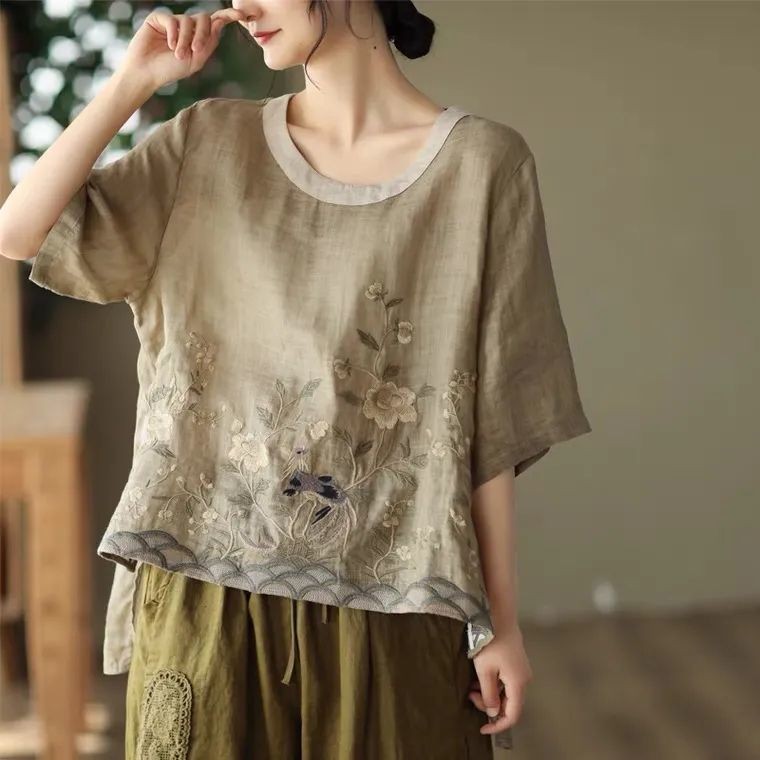 Ruidiandian Cotton Blouse for Women Plus Size Loose Short Sleeve ...