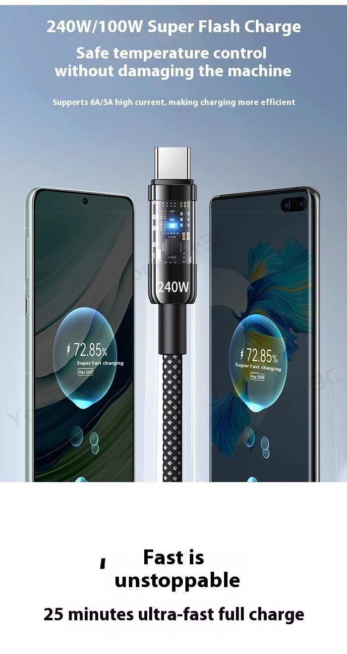 240W Fast Charging Cable With Intelligent Lamp,Nylon Data Line For Type ...