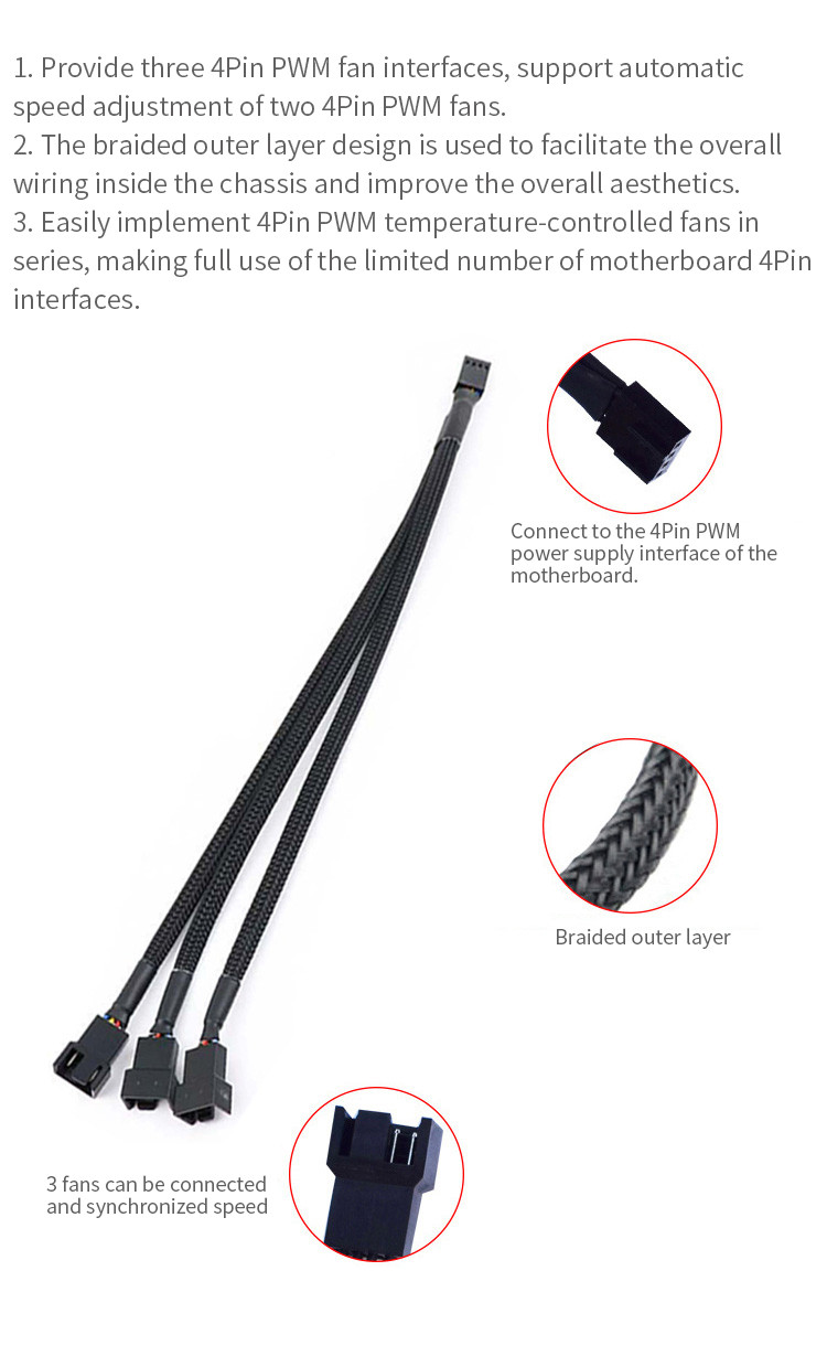 TEUCER 4-Pin Splitter Cable 4 Pin 1 to 3 Way PWM Fan Splitter Cable ...