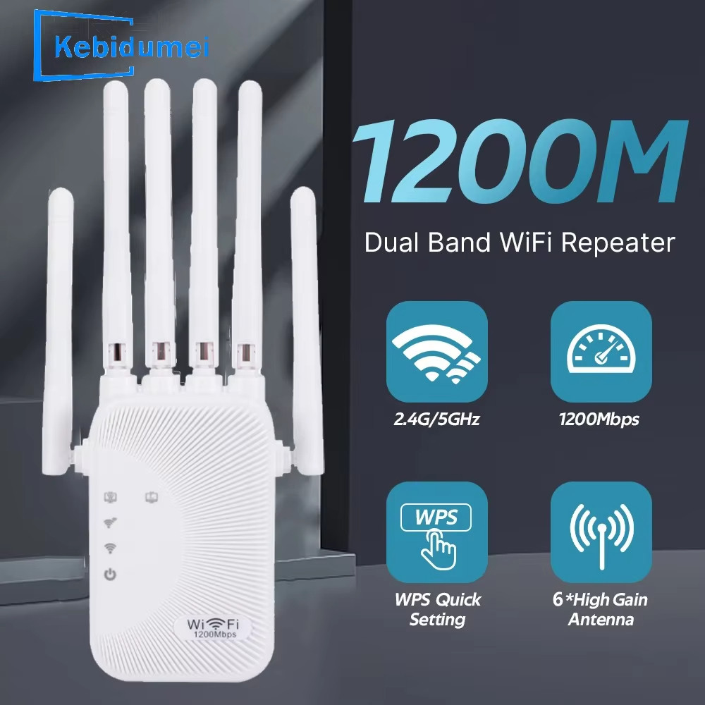 Wireless WiFi repeater 1200Mbps WiFi Signal Booster 2.4G 5G Dual Network Port 6 Antennas Long ...