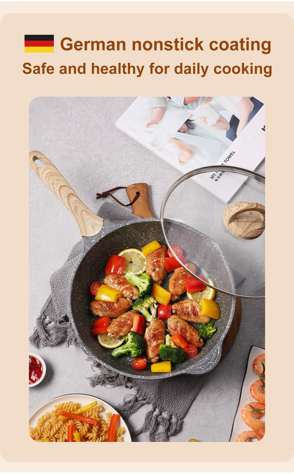 JEETEE Non-Stick Deep Pan with lid 24/28/32cm Maifan Stone Coating ...