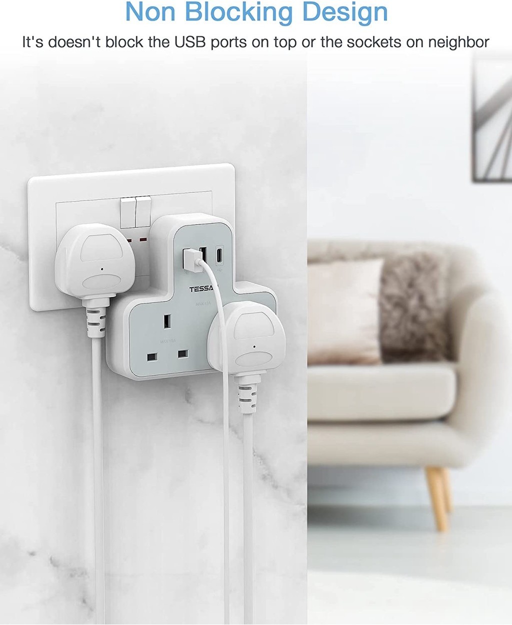 TESSAN Extension Multi Plug with USB+Type C, Plug Adapter Extension ...