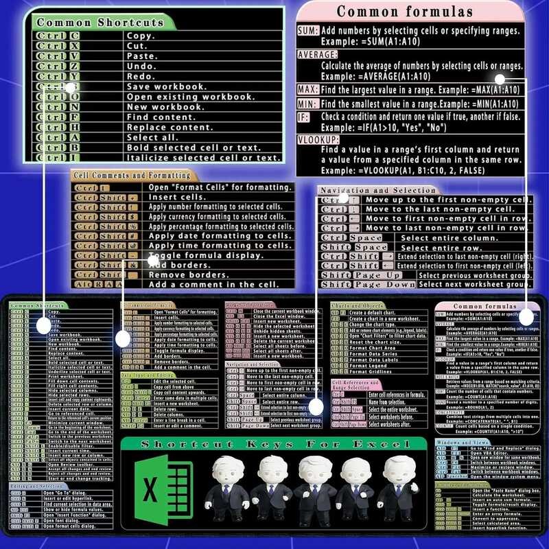 Excel Cheat Sheet Mouse pad, Large Office Keyboard Shortcuts Mouse Mat ...