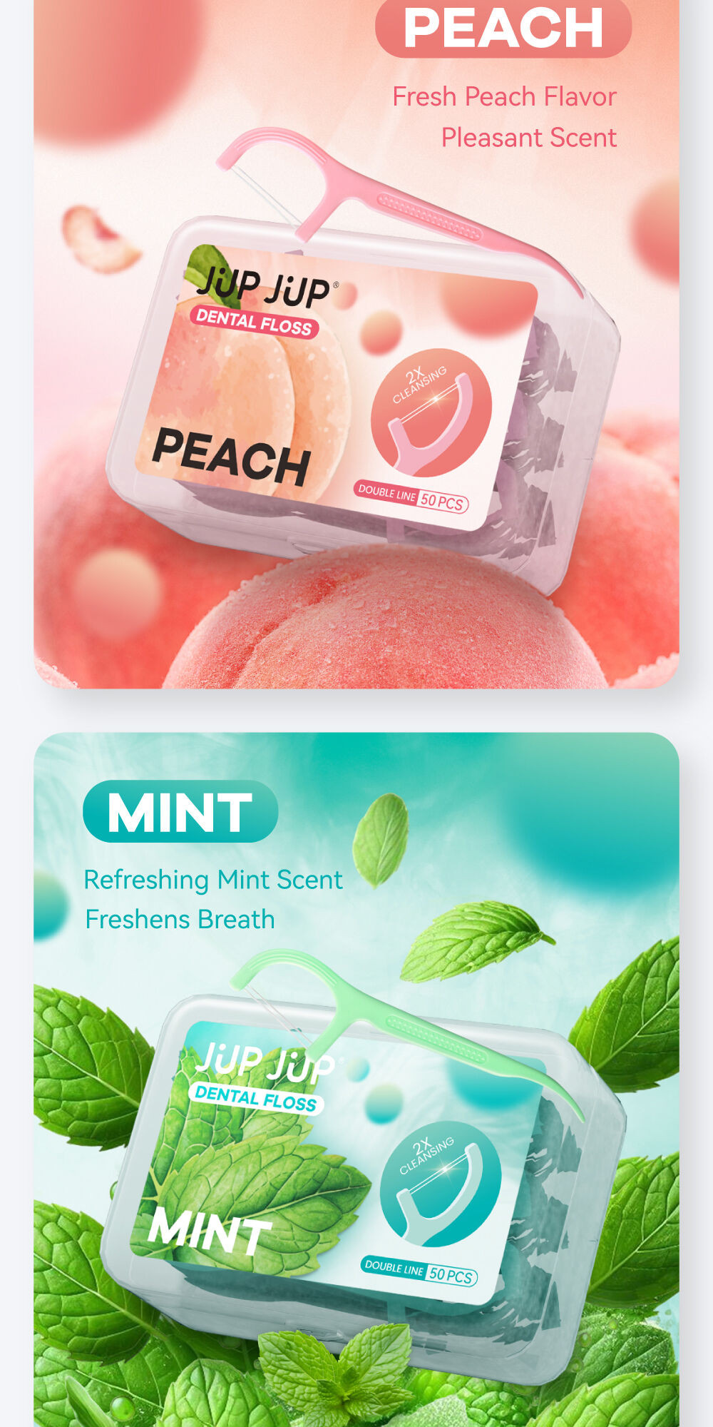 JUP Dental Floss Double Line Kiss With Handle 50pcs (Mint/Peach ...