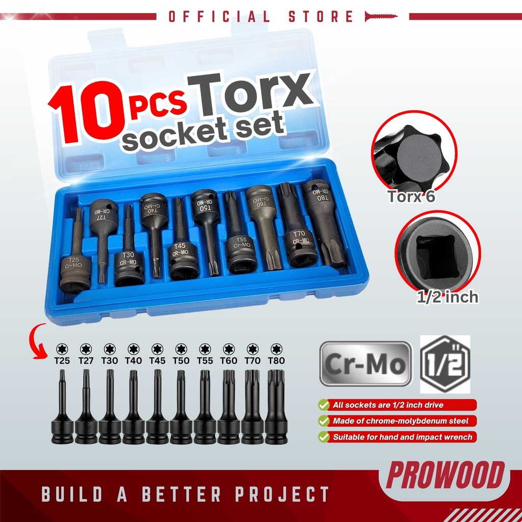 10pcs 1/2 Inch Torx Impact Socket CR-MO Set T25-T80 Type Impact Driver ...
