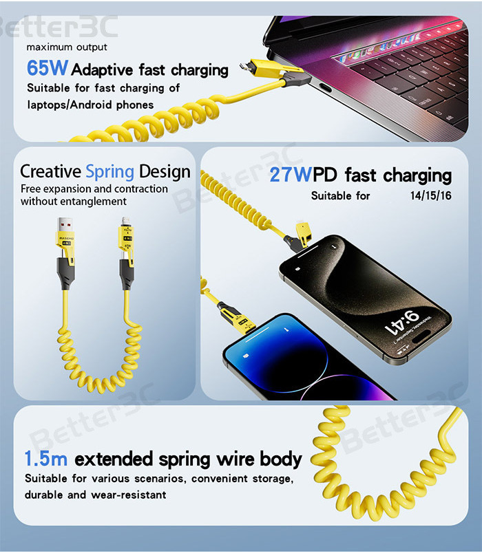 4 in 1 Zinc alloy shell spring telescopic usb cable 65W Fast Charging ...