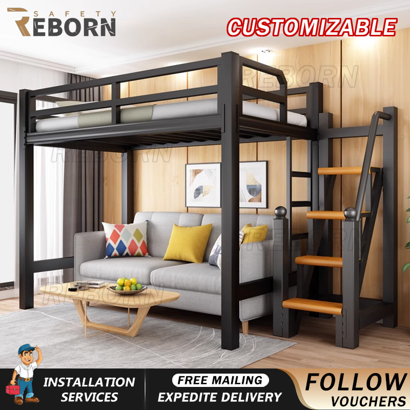 REB Iron Loft Bed Frame Thicken Double Decker Bed Bedroom Space Saving Storage Iron Bed | Shopee ...