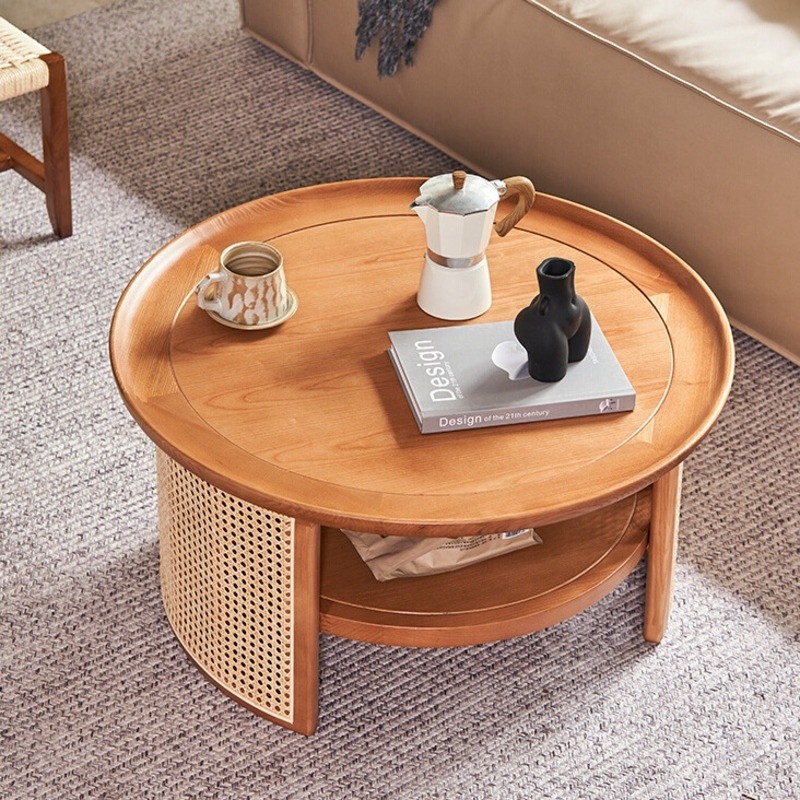 Solid Wood Rattan Tea Table Round Low Table Simple Small Circular ...