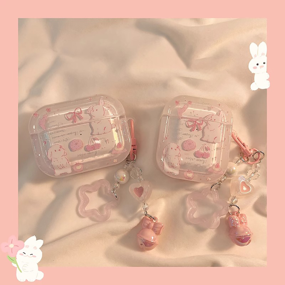 Girly Pink Rabbit Clear Earphone Case with Bead Small Bell Charm for ...