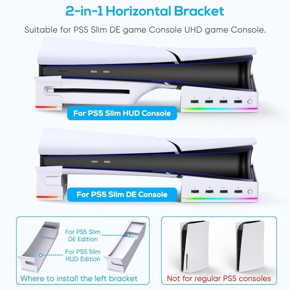 For PS5 Pro / Slim RGB Horizontal Stand with 4 USB Ports RGB Colorful ...