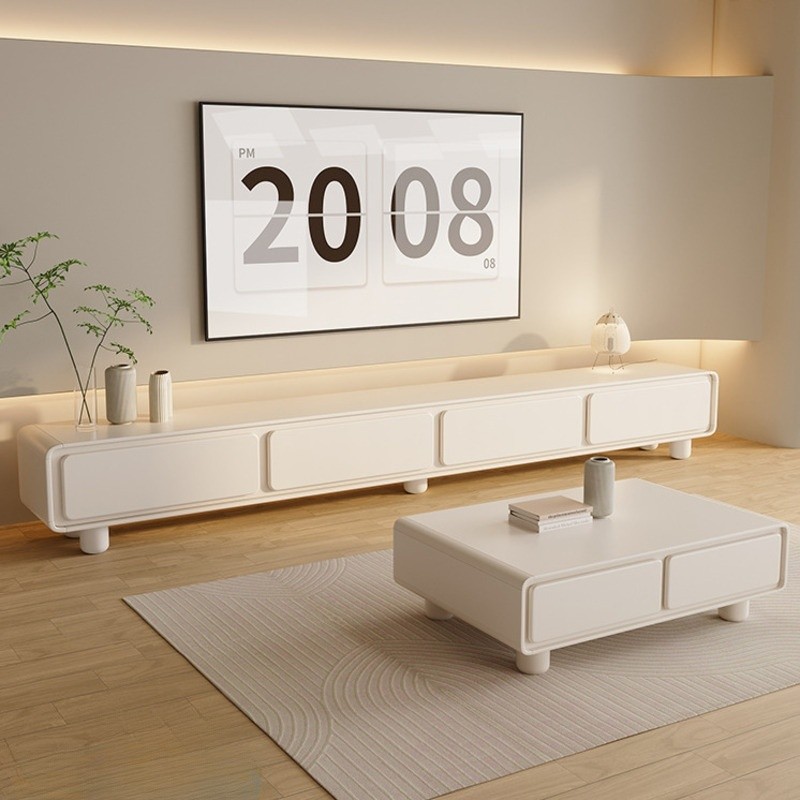 TV Cabinet Round Corner Cream Style White Modern Multi-functional ...