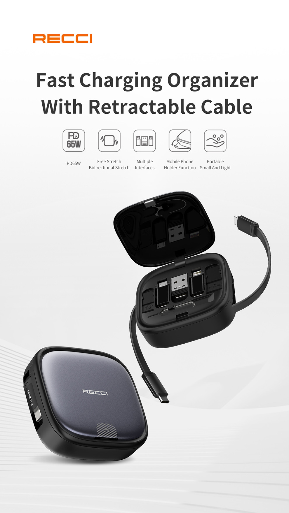 Recci 5-in-1 PD 65W Fast Charging Organizer with Retractable Cable Set ...