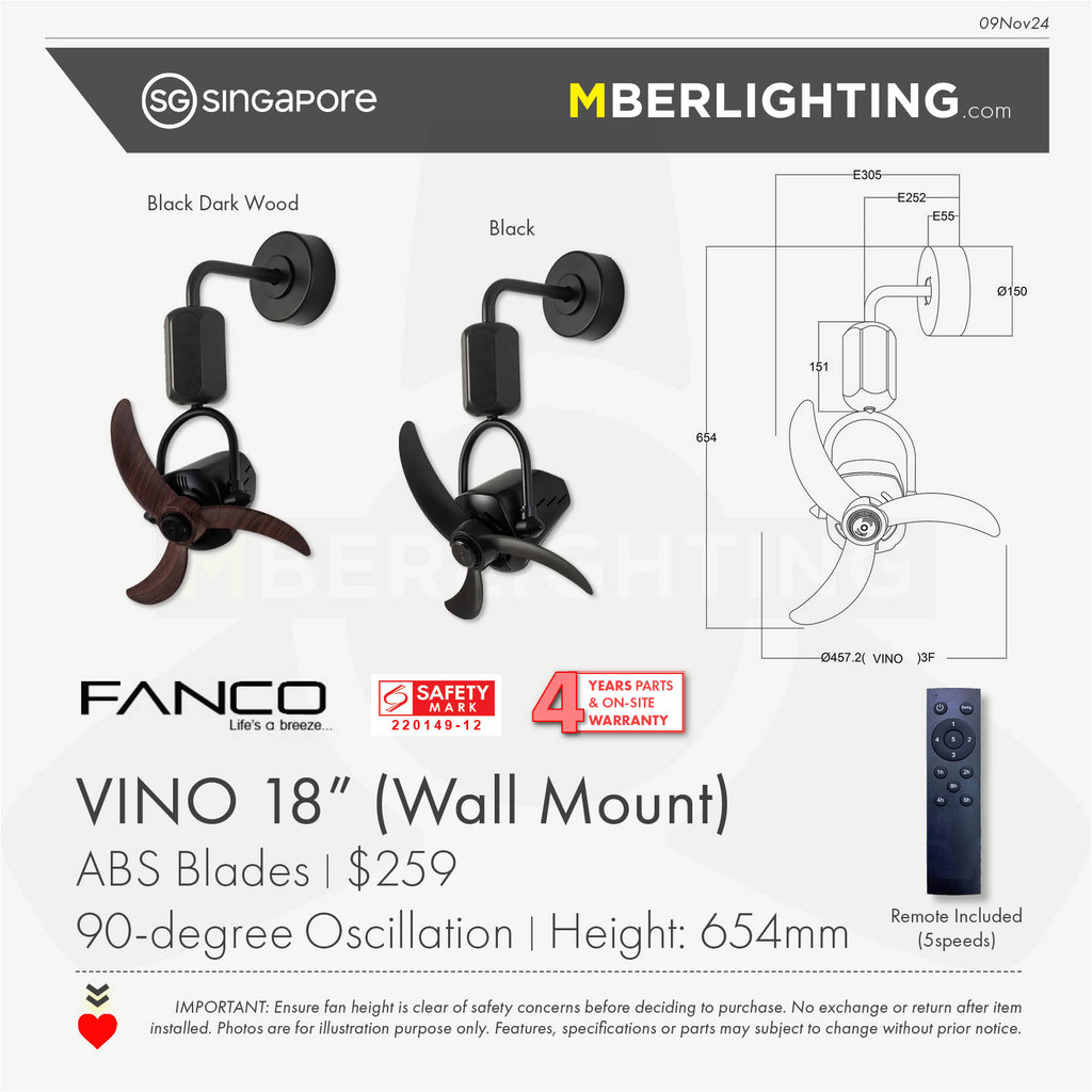 FANCO VINO 18" Corner Fan: Ceiling & Wall Mounting With Remote | Shopee ...