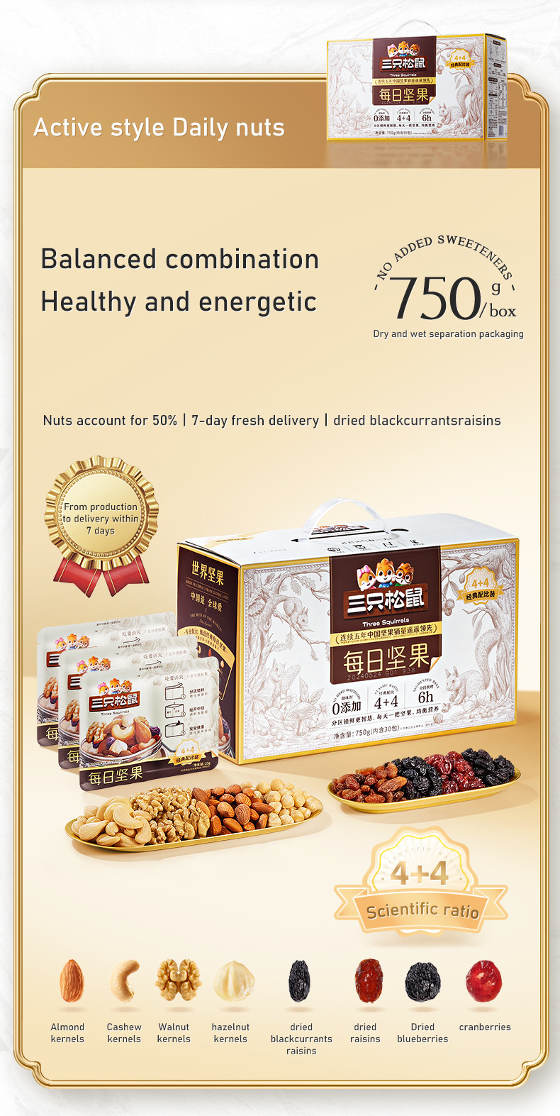 Three Squirrels Daily Nuts Series Nuts Mixed Dried Fruits Halal 三只松鼠每日坚果系列 坚果+果仁 健康零食 (750g/30 ...