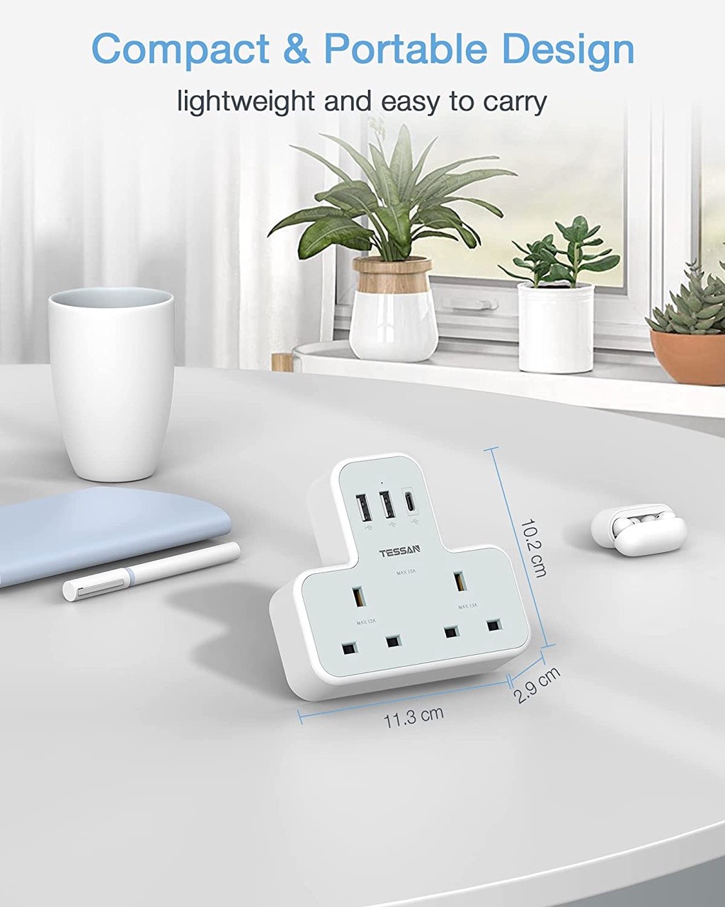 TESSAN Extension Plug Socket with USB+Type C,Mini Dual Plug Adapter ...