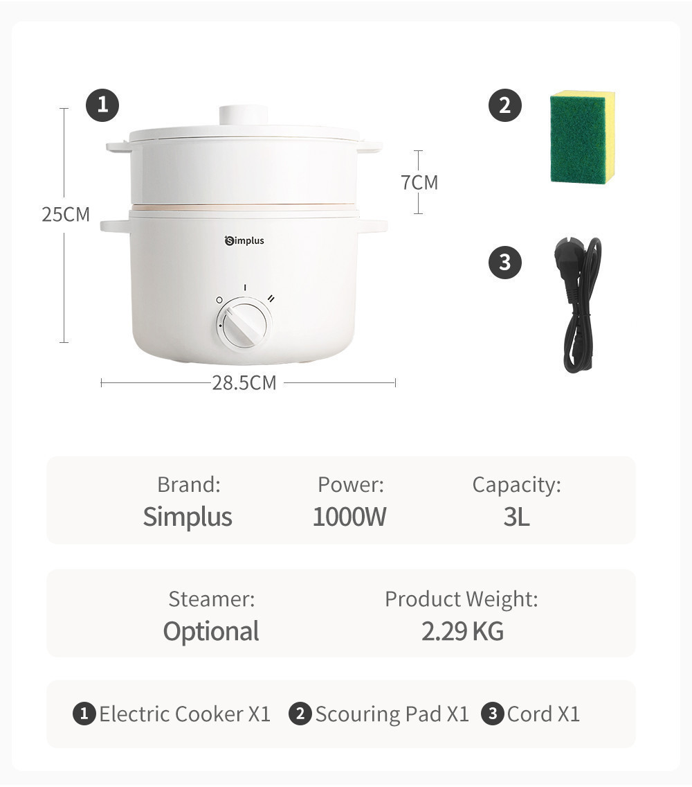 INSSA 2L Electric Cooker With Steamer 630W Double-handle Multicooker ...