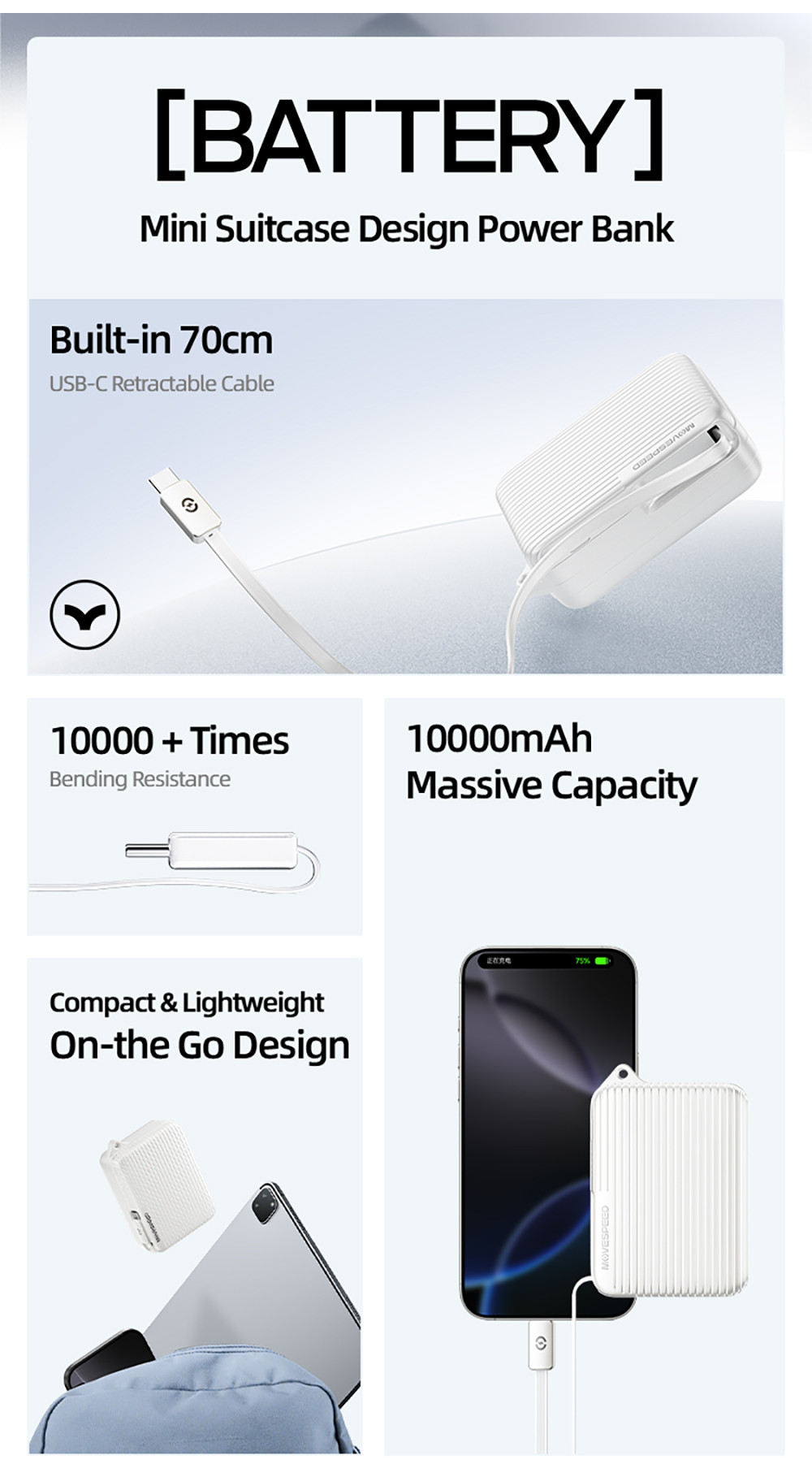 MOVESPEED 10000mAh Mini Suitcase Power Bank with Retractable USB-C ...